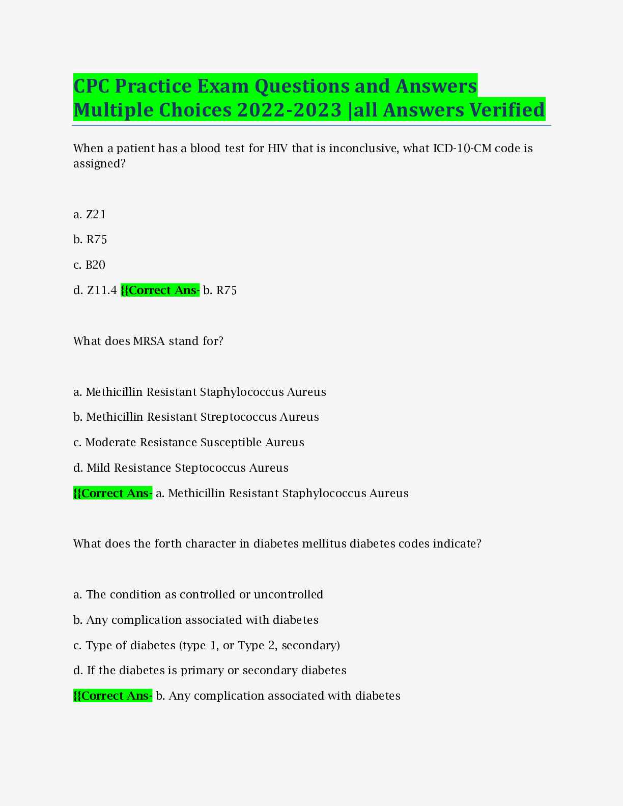 CPC Practice Exam Questions and Answers Multiple Choices 2022-2023 |all Answers Verified ...